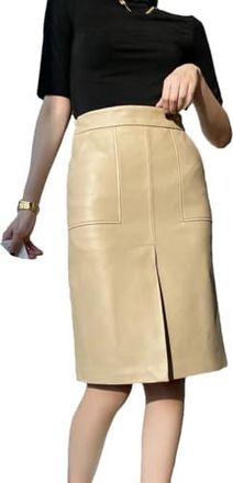 Generic Jupe en peau dagneau pour femme - Jupe midi enveloppante en cuir OL avec poches fendues sur le devant, beige, L