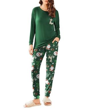 Ekouaer V&ecirc;tements De Nuit Chaud Pyjama Femmes Hiver Pyjama 2 Pi&egrave;ces Carreaux Manches Longues Haut et Bas Ensembles Longs, No&euml;l, L
