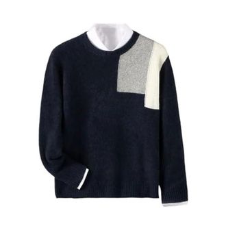 Generic Pull décontracté en laine mélangée à col rond pour homme Automne Hiver, noir foncé, L