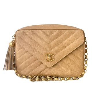 Chanel Beige Quilted Chevron Caviar Bijoux Camera Flap Bag