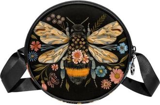 Generic Sac &agrave; bandouli&egrave;re rond pour femme, motif fleurs dabeilles, petit sac &agrave; dos &agrave; bandouli&egrave;re avec fermeture &eacute;clair, bretelles r&eacute;glables, sac &agrave; main rond d