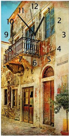 Wallario Design-Wanduhr, Acrylglasuhr Größe 30 x 60 cm, Schwarze Zeiger, Motiv Gasse im Süden, Urlaub in Griechenland