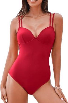 Cupshe Maillot de bain une pièce pour femme avec bretelles croisées dans le dos, bretelles réglables et bonnets moulés, Rouge, XL