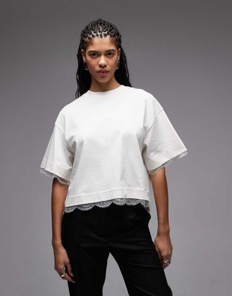 AllSaints Nia - T-shirt crop top bord&eacute; de dentelle - Blanc