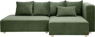Miliboo Ecksofa rechts 3-Sitzer in kaki gr&uuml;nem Cordstoff und hellem Holz HARLEM