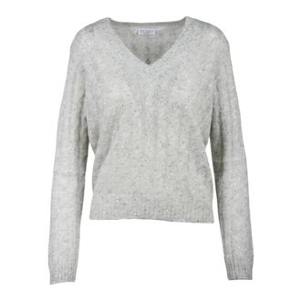 Brunello Cucinelli Pullover mit V-Ausschnitt und Strass - - Knitwear - Damen - Grau - M
