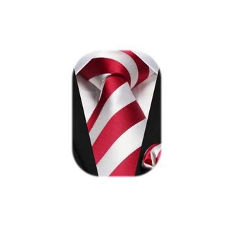 Hisdern Cravate Homme Mouchoir &Eacute;l&eacute;gant Classique Ray&eacute; Cravates Pour Hommes Et Pochettes Ensemble Mariage Fete Anniversaire (Taille unique, rouge blanc)