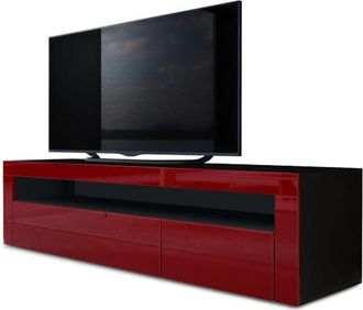 Vladon Buffet Bas Valencia, Meuble TV avec 1 Compartiment Ouvert et 2 clapets, Noir Mat/Bordeaux Haute Brillance/Bordeaux Haute Brillance (155 x 46 x 40 cm)