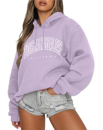 TOMWELL Sweat &agrave; capuche oversized pour femme Los Angeles - Pullover dhiver &agrave; capuche &agrave; manches longues - Sweat d&eacute;contract&eacute; avec capuche, Violet, XS