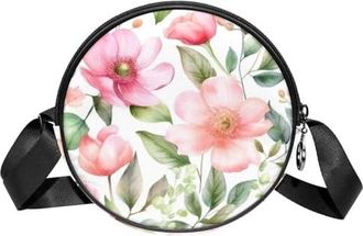 Generic Petit sac &agrave; bandouli&egrave;re circulaire pour femme, motif feuilles florales, sac &agrave; dos avec fermeture &eacute;clair, bretelles r&eacute;glables, sac &agrave; main rond d&eacute;contra