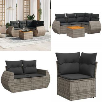 vidaXL 5-tlg. Garten-Sofagarnitur mit Kissen Grau Poly Rattan - Gartensorte - Gartenm&ouml;belset - Esszimmergarnitur - Outdoor M&ouml;bel - Lounge Set - Home & Living
