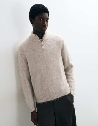 Asos Premium Oversize-Strickpullover aus Mohair mit Half-Zip in Light Stone-Neutral