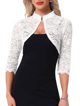 Allegra K Damen Eleganter Spitzen Bolero 3/4-&Auml;rmel Durchsichtiges Shrug Oberteil mit Blumen Wei&szlig; XL