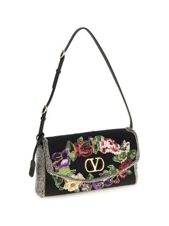 Valentino Garavani Womens Small Devain Embroidered Shoulder Bag Multicolor-Nero Silk Satin Multicolor/nero