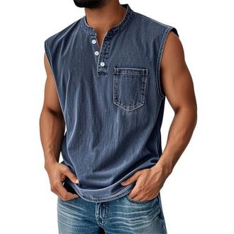 Generic T-shirt Henley vintage respirant sans manches pour homme, chemises Henley sans manches pour homme, gym, entra&icirc;nement, course &agrave; pied, bleu marine, 3XL