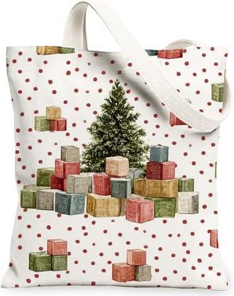 Generic Sacs fourre-tout en toile de vacances, motif arbre et cadeau, sacs d&eacute;picerie r&eacute;utilisables, vintage, festifs, l&eacute;gers et lavables pour lext&eacute;rieur, les 