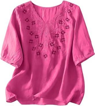 Generic Chemisier brod&eacute; &agrave; manches bouffantes et col en V pour femme | Chemise d&eacute;t&eacute; l&eacute;g&egrave;re et respirante pour le quotidien, le bureau, les vacances, violet, XX