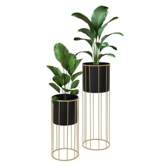 ML Design ML-Design Blumenständer 2er Set, Schwarz-Gold, 21x46,7/24x70,5 cm, rund, Stahl, Blumentopfständer mit Übertopf, Metall Pflanzenständer, Blumentopfhalt