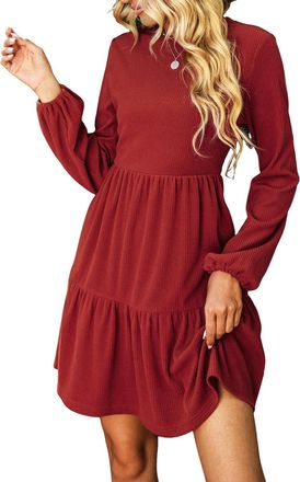 Cupshe Damen Kleid Rundhals Langarm Volantsaum A Linien Herbst Winter Rippstruktur Kurze Minikleid Freizeitkleider Tiered Mini Dress Rot XXL