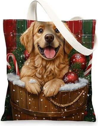 Generic Sac fourre-tout en toile r&eacute;utilisable &agrave; motif de chien Golden Retriever de No&euml;l pour faire du shopping, 33 x 38,1 cm, sac d&eacute;picerie r&eacute;utilisable pour 