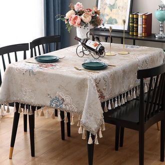Generic Gebl&uuml;mte Tischdecke mit Quasten und Fransen Rechteckig f&uuml;r K&uuml;che Esszimmer Restaurant Garten Landhausstil rustikale Bankette und Partys