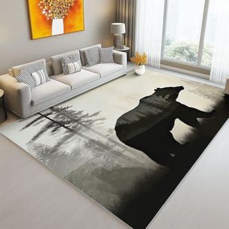 Generic Tapis Imprim&eacute; Minimalisme Ours for&ecirc;t pour Salon Chambre D&eacute;coration de la Maison - Gris-Noir Flanelle Antid&eacute;rapante Tapis Salon de Sol paillasson 140 x