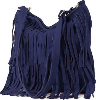 modamoda.de T125 Damen Leder Wildleder Schultertasche Umh&auml;ngetasche handmade in Italy, Farbe:Dunkelblau2021