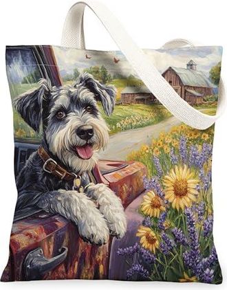 Generic Sac fourre-tout en toile motif schnauzer printanier pour faire du shopping, 33 x 38,1 cm, sac d&eacute;picerie r&eacute;utilisable pour femme, peinture danimaux dom