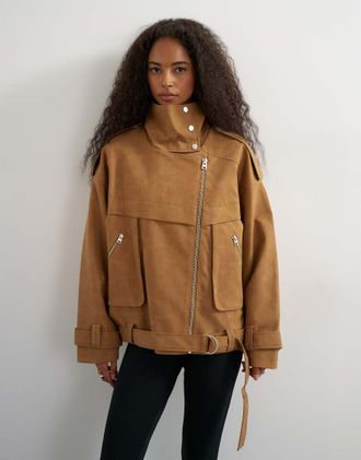 Topshop blouson style motard en daim synth&eacute;tique &agrave; col chemin&eacute;e repli&eacute; camel-Marron