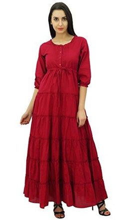 Bimba Manches 3/4 Coton été Maxi Robe Taille coulissée de Femmes