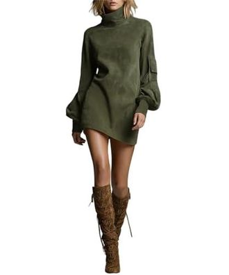 Generic Mini robe en daim synth&eacute;tique pour femme, style vintage, lanterne, col roul&eacute;, manches longues, robe occidentale d&eacute;contract&eacute;e avec poches, vert militai