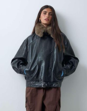 Asos veste biker effet cuir avec col en faux-fur camel en noir