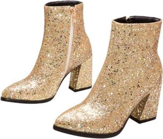 Beaupretty Bottines Femme Automne-Hiver &agrave; Talon Sabot Bout Effil&eacute; Semelle &Eacute;paisse Antid&eacute;rapante Orn&eacute;es de Sequins Dor&eacute;s Fermeture &Eacute;clair Lat&eacute;rale Taille 41 Chaus