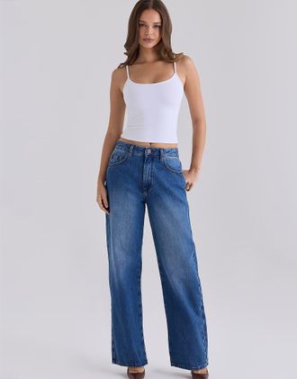 House of CB jean droit coupe boyfriend slim d&eacute;lavage moyen-Bleu
