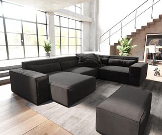 DELIFE Wohnlandschaft Sirpio 300x210 cm Mikrofaser Schwarz Recamiere variabel mit Hocker, Wohnlandschaften