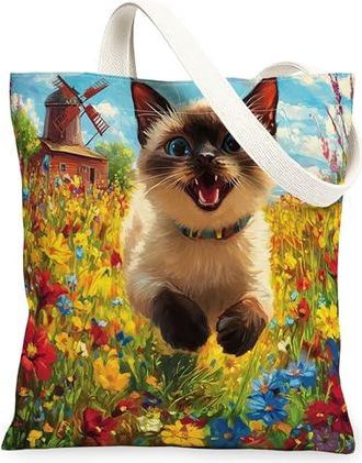 Generic Sac fourre-tout en toile motif chat siamois printanier 33 x 38,1 cm, sac d&eacute;picerie r&eacute;utilisable pour femme, motif floral amusant pour animaux domestiq