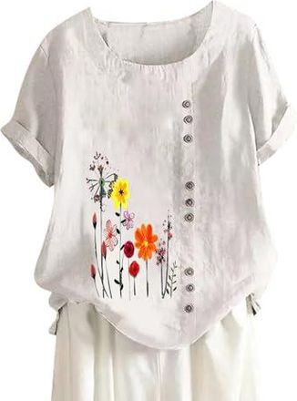 Generic Chemise &agrave; manches courtes en coton et lin pour femme - Grande taille - Chemisier &agrave; manches courtes - Col rond - Imprim&eacute; floral - Haut d&eacute;t&eacute; brod&eacute; boh&egrave;m