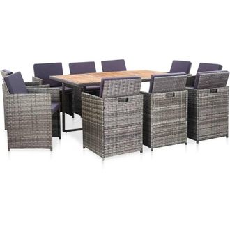 vidaXL 11-tlg. Garten-Essgruppe mit Auflagen Poly Rattan Grau Vidaxl