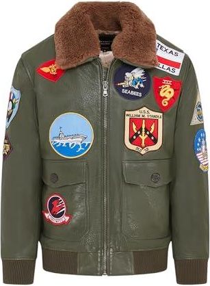 Infinity Leather Hommes Verte Air Force A2 Bomber en cuir Flight avec col et patchs en peau de mouton