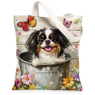 Generic Sac fourre-tout en toile motif chien japonais pour le shopping, 33 x 38 cm, mignon sac &agrave; bandouli&egrave;re r&eacute;utilisable en bois de fleur rustique pour femme