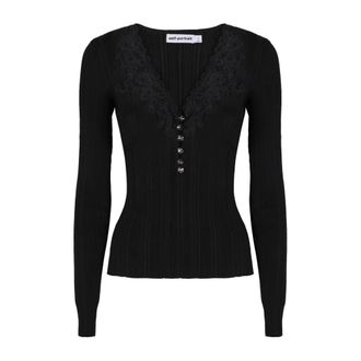 Self Portrait Geripptes Strickoberteil mit V-Ausschnitt und Spitzenbesatz - - Knitwear - Damen - Schwarzk - L