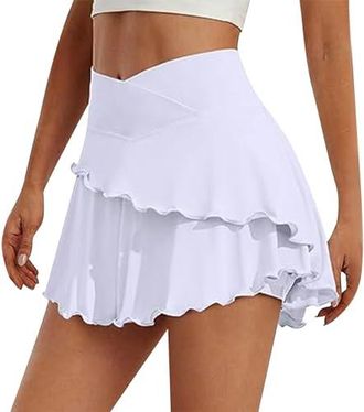 Generic Jupes courtes de tennis avec short taille haute pour femme - Jupe &eacute;vas&eacute;e extensible basique de couleur unie - Jupe &agrave; volants - Jupe athl&eacute;tique de golf