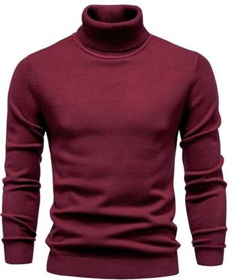 Generic Chemises &agrave; col roul&eacute; pour homme, style d&eacute;contract&eacute;, en tricot, coupe ajust&eacute;e, t-shirt basique &agrave; manches longues, pull c&ocirc;tel&eacute; l&eacute;ger, bordeaux, XXL