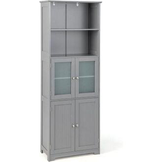 Costway Costway - Badschrank mit Glast&uuml;ren, 2 offenen F&auml;chern und verstellbaren Regalen, hoher Badezimmerschrank, Badkommode Aufbewahrungsschrank f&uuml;r