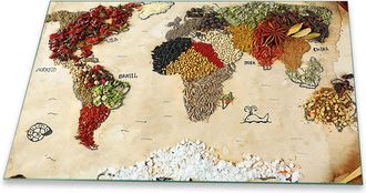 Decorwelt Herdabdeckplatte Abdeckung Ceranfeld Abdeckplatte Schneidebrett 1-Teilig 80x52 Weltkarte Gewürze Mehrfarbig Spritzschutz Glasplatte Ceranfeldabdeckung