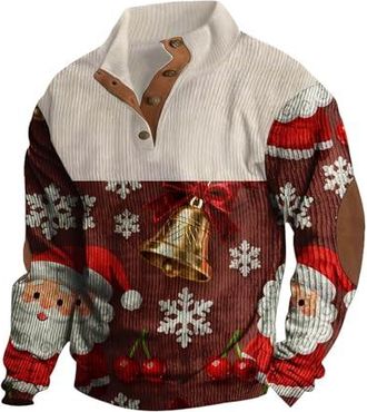 Generic Chandails en velours côtelé pour homme - Pull de Noël amusant à manches longues - Col à revers boutonné - Couleur unie - Pull de Noël 2025, multicolor