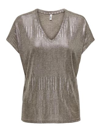 Only Damen Onlmirinda S/S V-Neck JRS Top, Humus/Detail:Melange + Silver metallic, XS