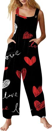 Generic Latzhose f&uuml;r Damen - &Auml;rmelloser Jumpsuit mit Herz Grafik & Weitem Bein Valentinstag Outfit, L&auml;ssiger Overall mit Taschen F&uuml;r Karneval, Sommer & Festta