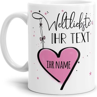 Tassendruck Keramik Tasse - Weltliebste Eigener Name weiblich - zum selbst gestalten mit Name - Geschenk für Familie, Freundin und Kollegin - Weiß, 300 ml