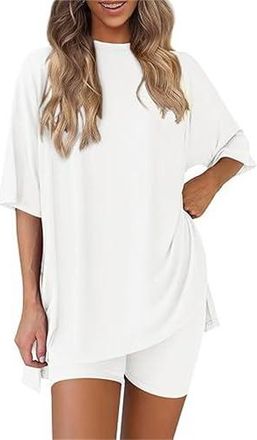 Generic Ensemble d&eacute;contract&eacute; &agrave; col rond et fente pour femme - Short ample &agrave; manches courtes - Surv&ecirc;tement surdimensionn&eacute; - V&ecirc;tements de printemps et d&eacute;t&eacute;, bla
